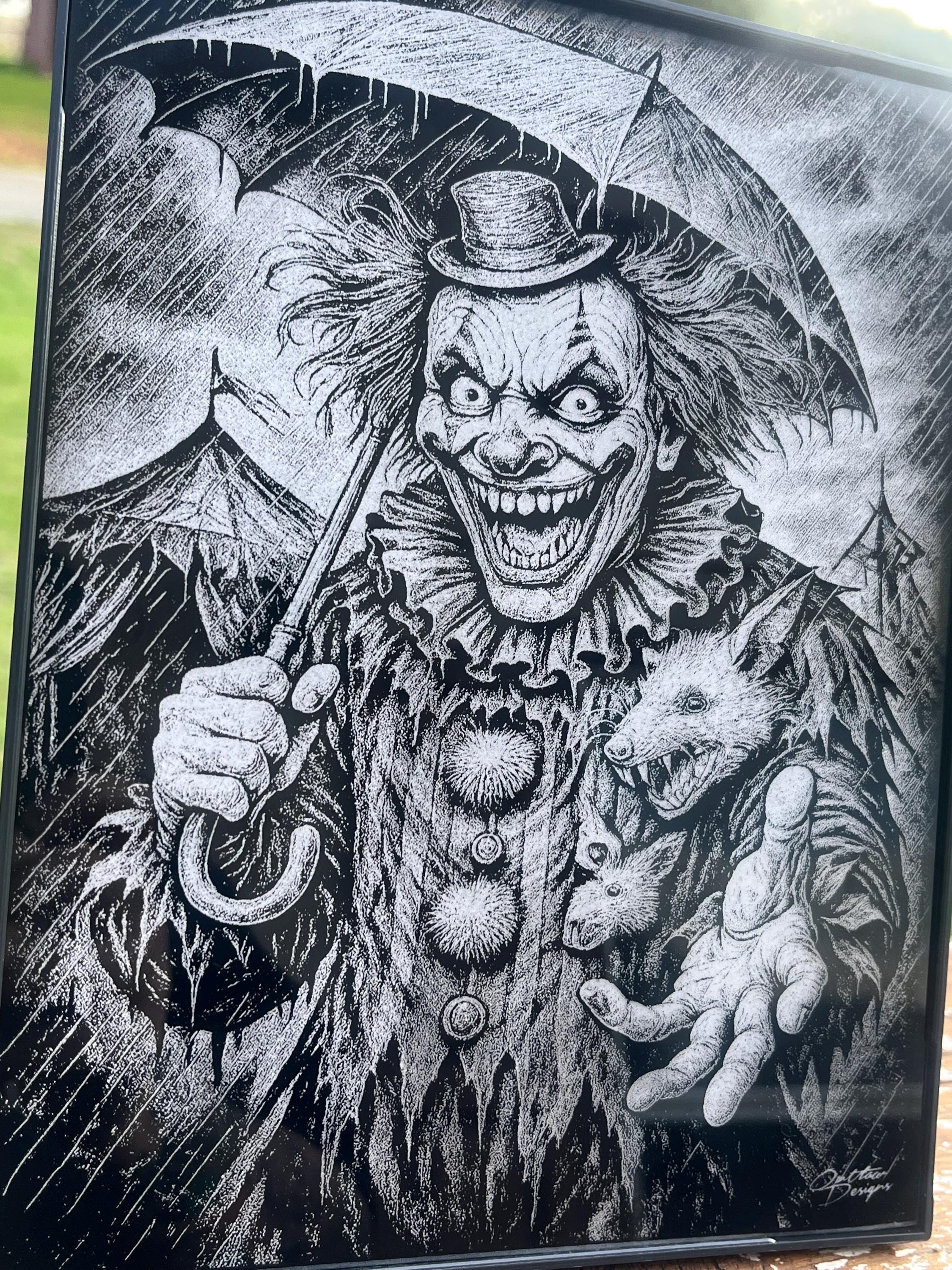 Killer Clown Etched Glass Art – Dark Carnival Decor | Gothic Wall Piece ...