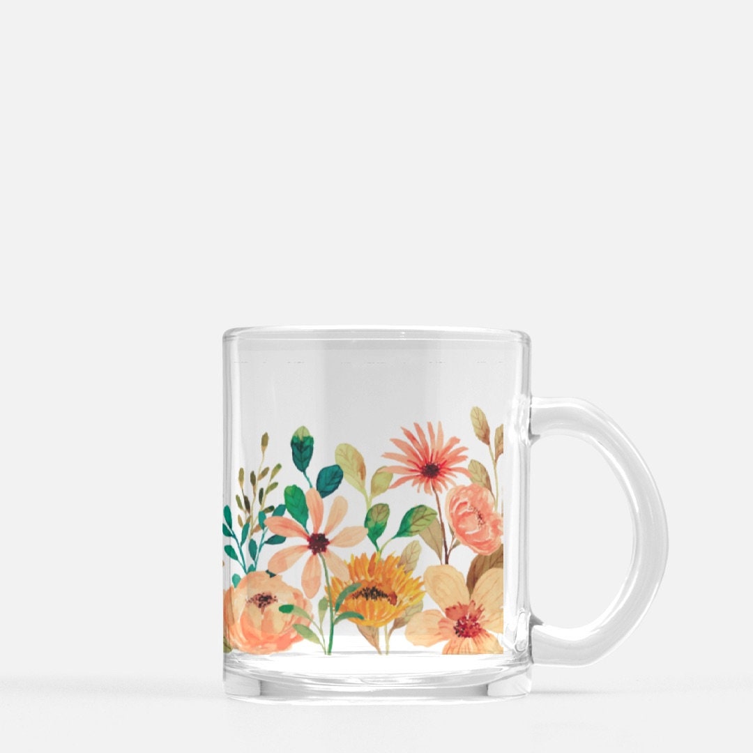 Floral Coffee Cup, Floral Mug, Floral Clear Glass Coffee Cup, Floral ...
