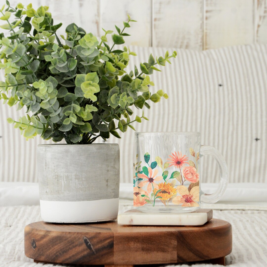 Floral Coffee Cup, Floral Mug, Floral Clear Glass Coffee Cup, Floral ...