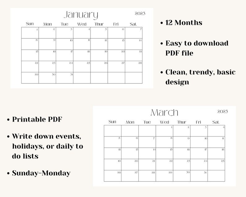 2023 Calendar Printable Basic Monthly Desk Calendar Simple - Etsy