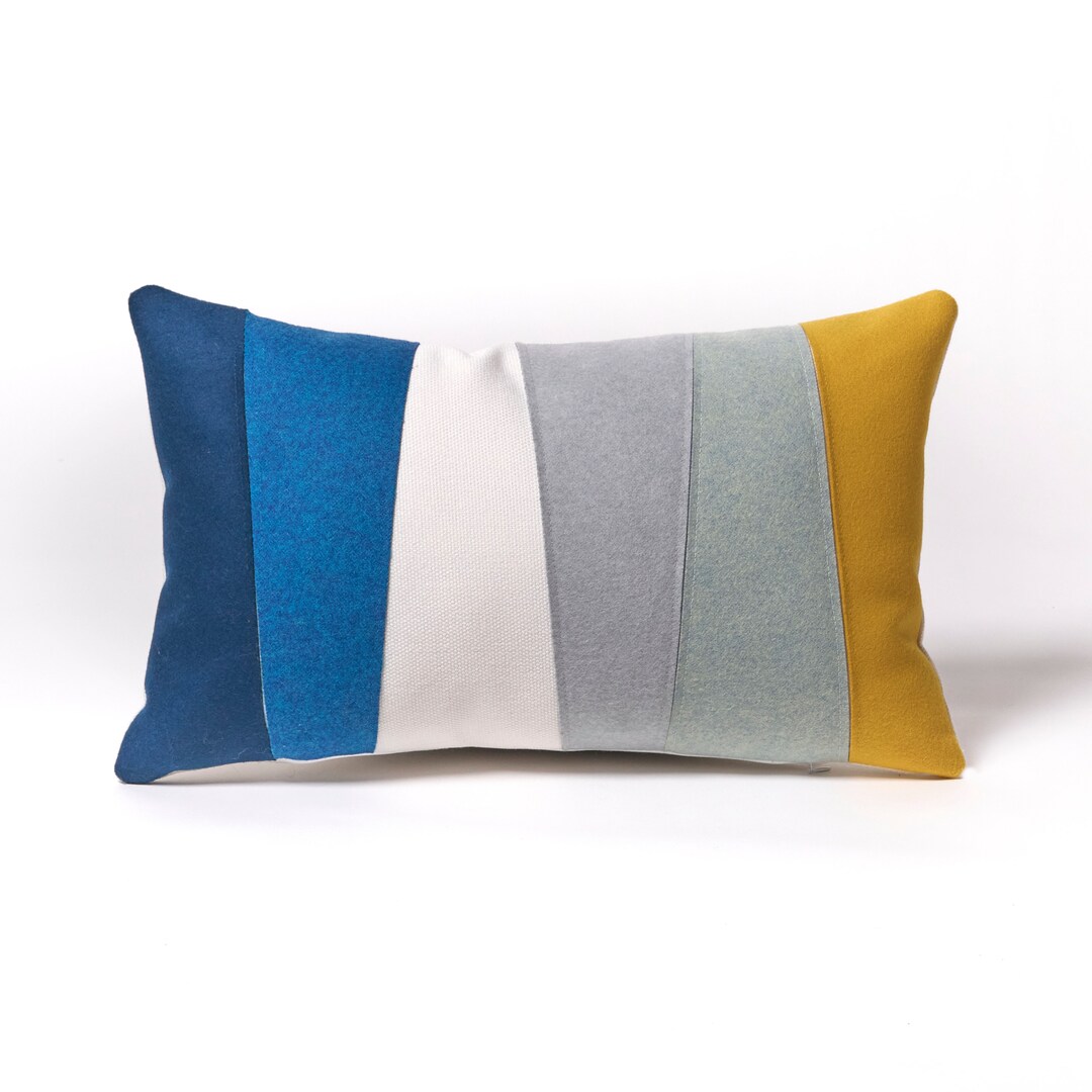 Lumbar 12x20 Modern Wool Felt Pillow Blue / Yellow - Etsy