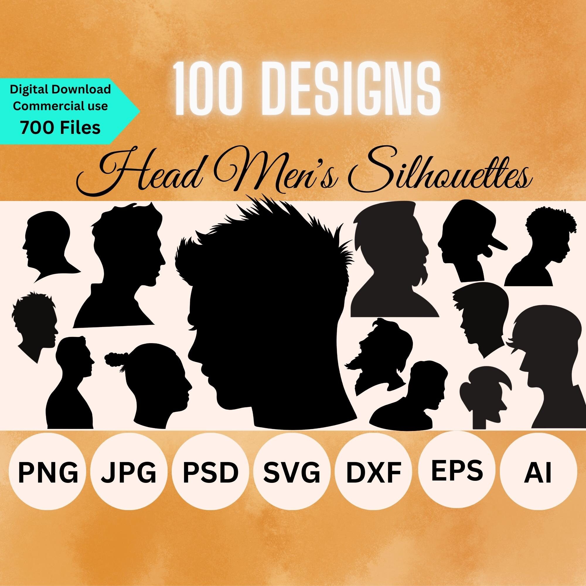 Collection of 100 Heads Silhouettes Svgs for Men, Use for Clipart ...