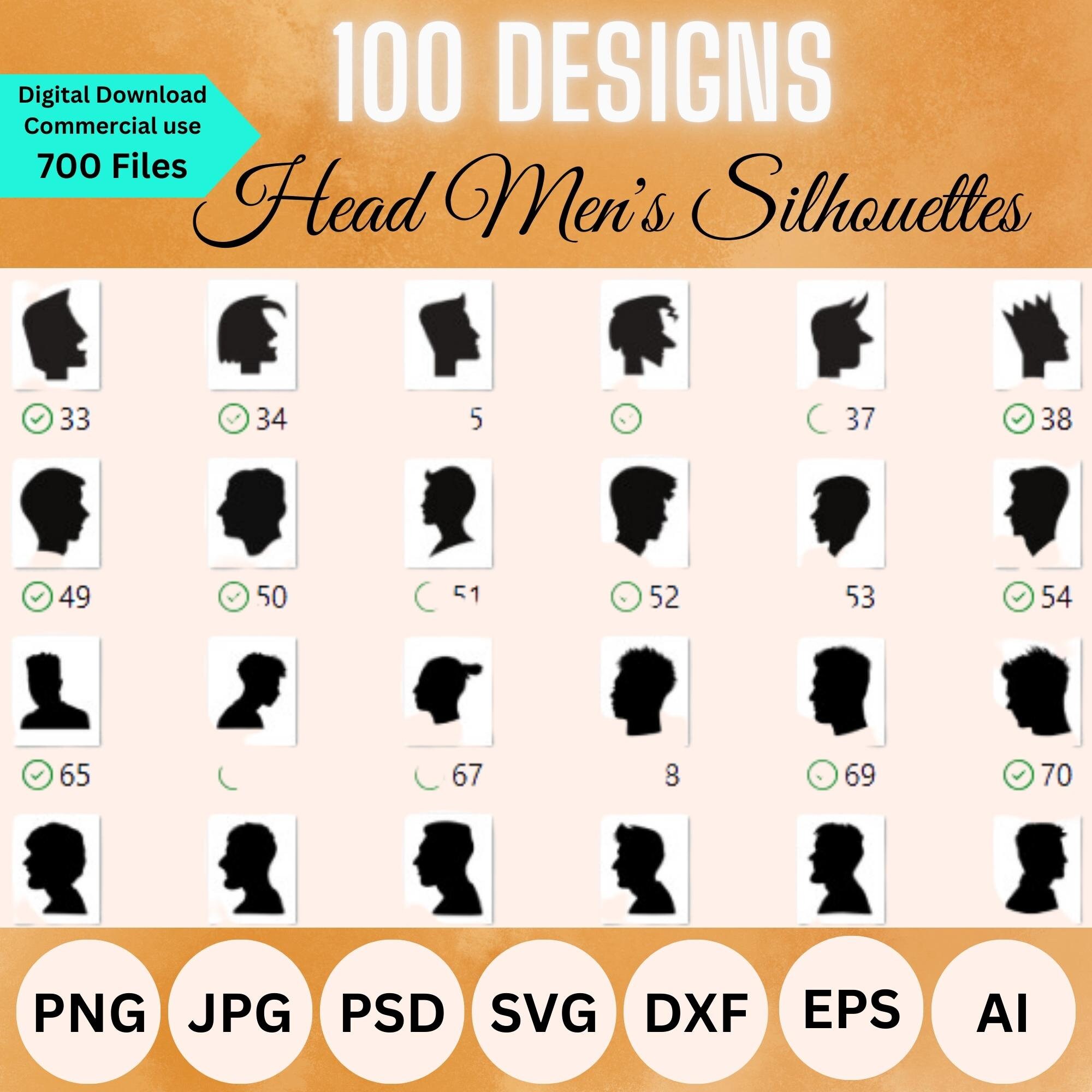 Collection of 100 Heads Silhouettes Svgs for Men, Use for Clipart ...