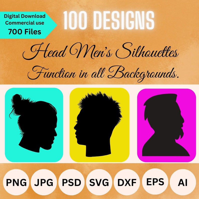 Collection of 100 Heads Silhouettes Svgs for Men, Use for Clipart ...