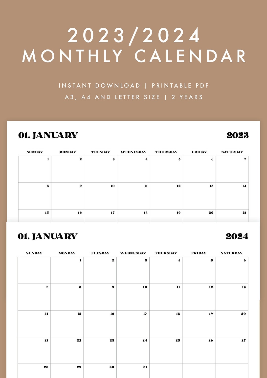 Printable Minimalist 2023 2024 Monthly Calendar, Digital Calendar, Ipad ...