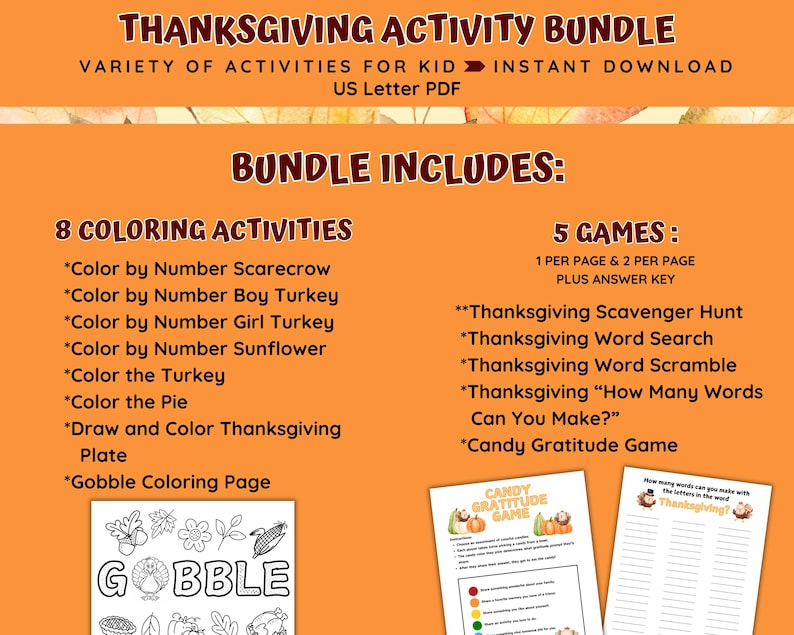 Thanksgiving Bundle, Fall Activity Pack Games, Turkey Coloring Pages ...