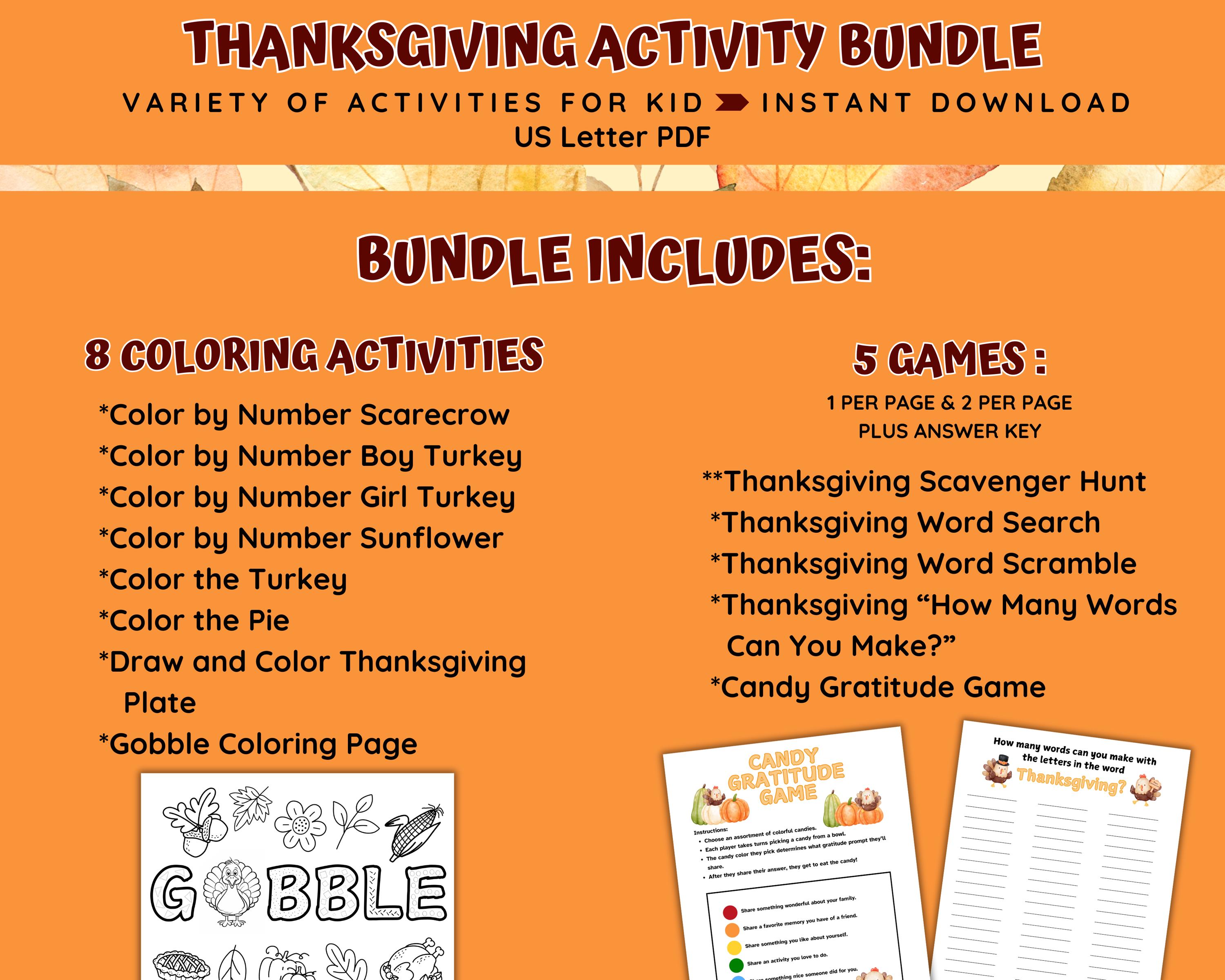 Thanksgiving Bundle, Fall Activity Pack Games, Turkey Coloring Pages ...