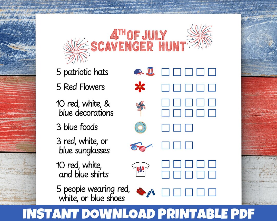 Fourth of July Scavenger Hunt, Kids & Teens Party Game (printable PDF ...