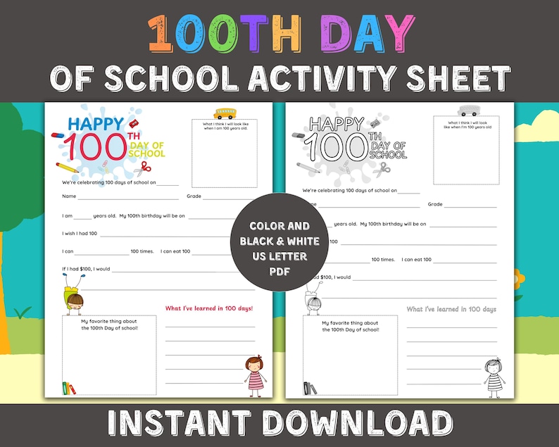 100th Day of School Activity Sheet, Homeschool Resource (PDF) - Etsy