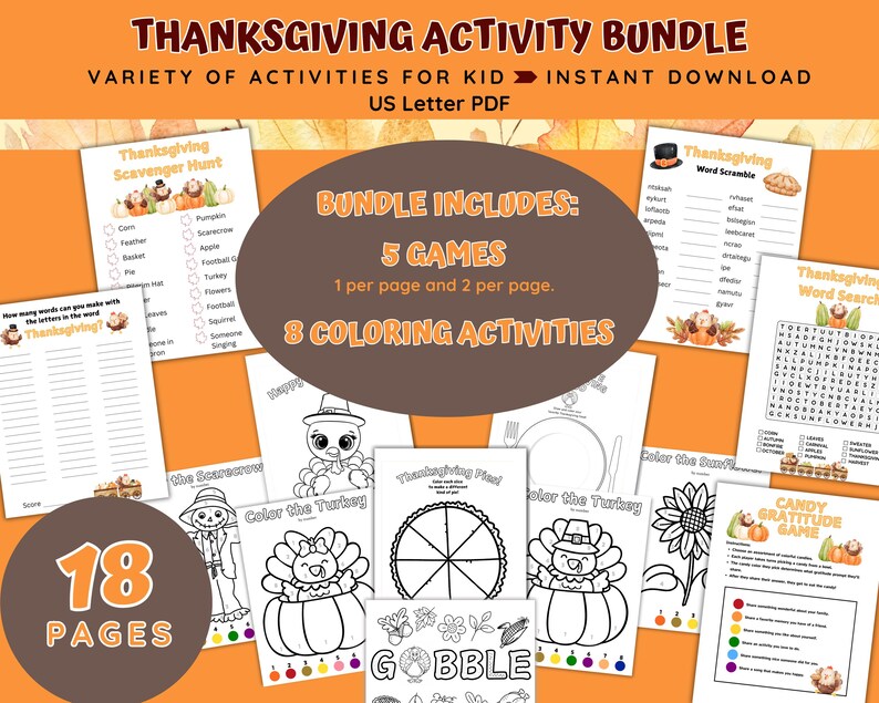 Thanksgiving Bundle, Fall Activity Pack Games, Turkey Coloring Pages ...