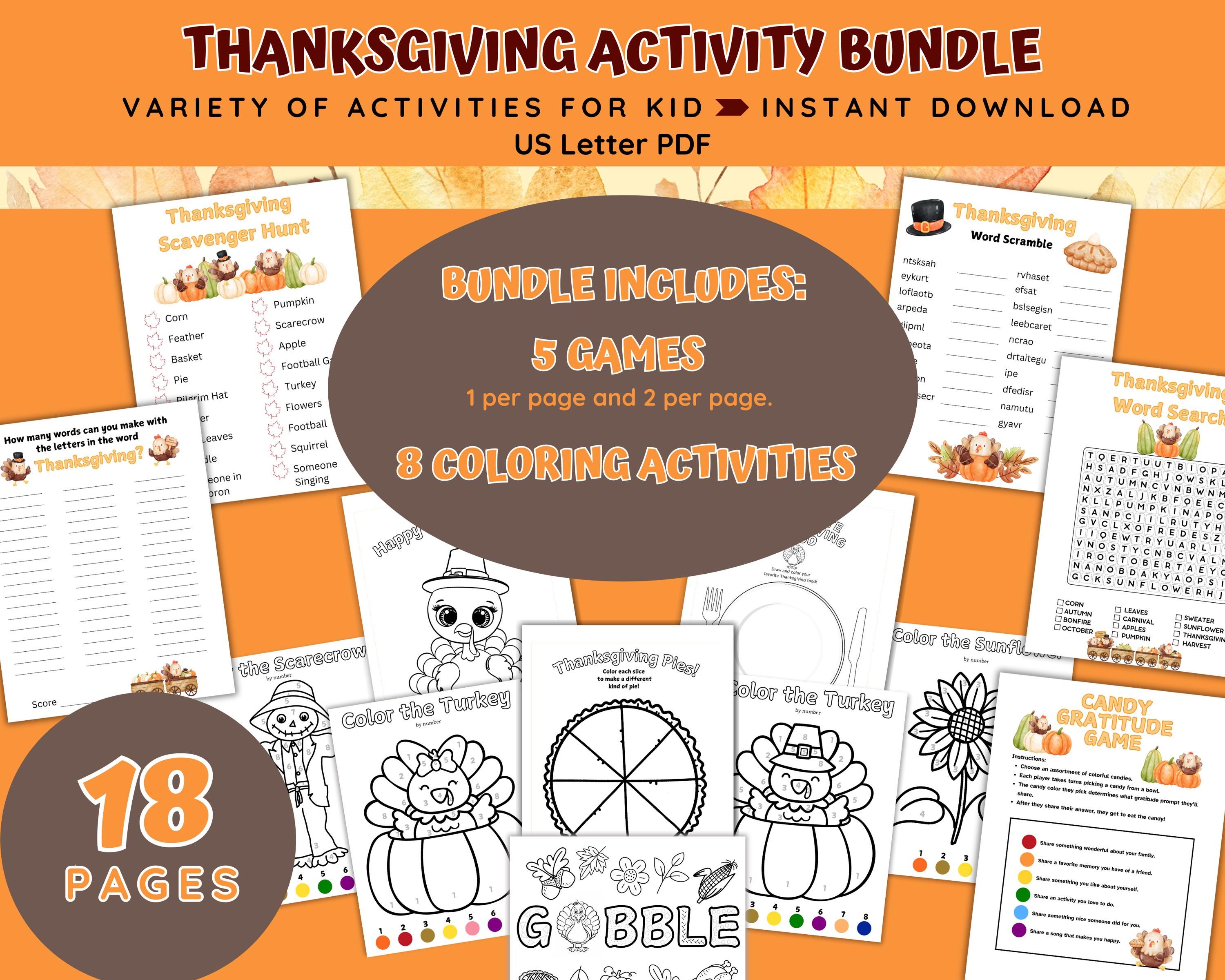 Thanksgiving Bundle, Fall Activity Pack Games, Turkey Coloring Pages ...