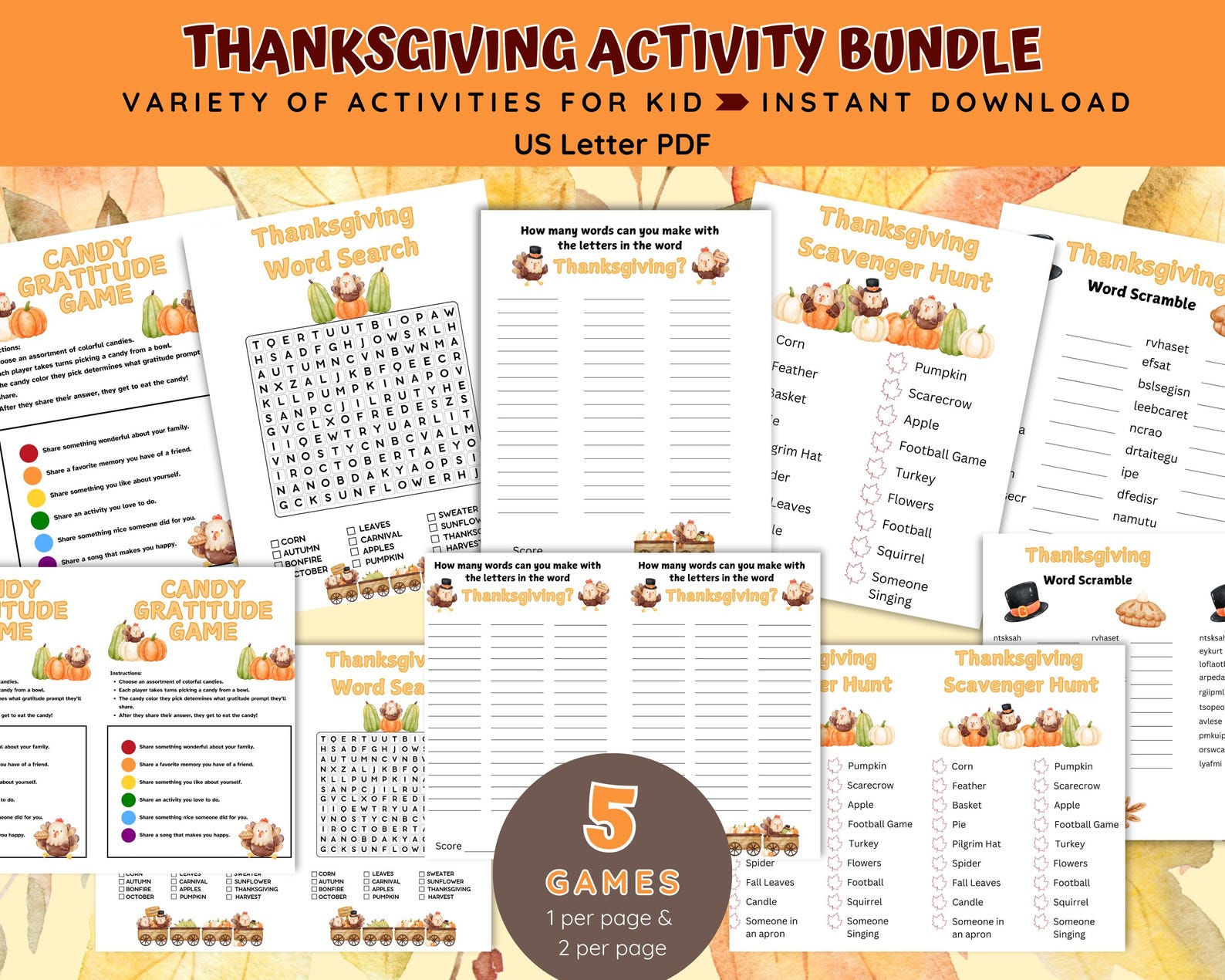 Thanksgiving Bundle, Fall Activity Pack Games, Turkey Coloring Pages ...