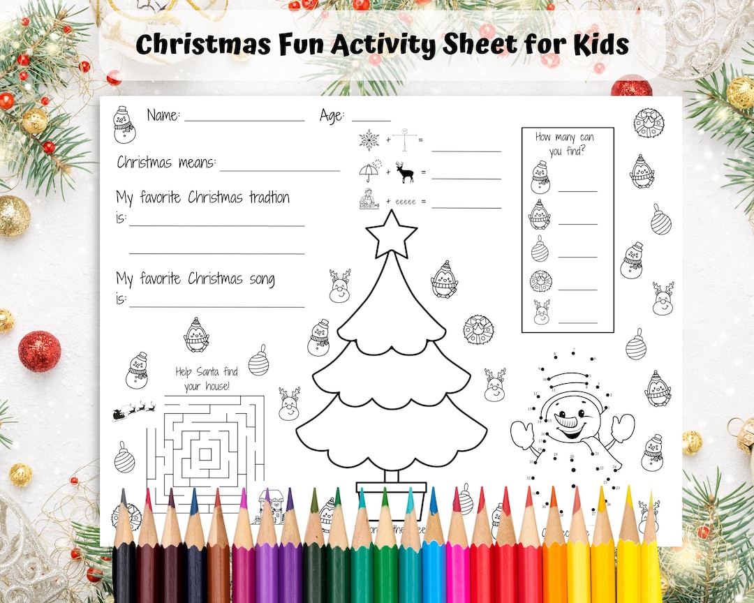 Kid's Christmas Fun Activity Page With Multiple Activities. Coloring ...