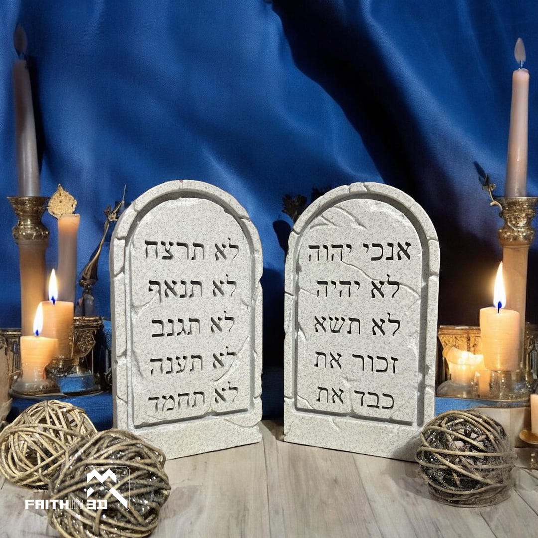 Hebrew Ten Commandments Tablets - Stone Effect Plaque - 7" Tall, Free ...