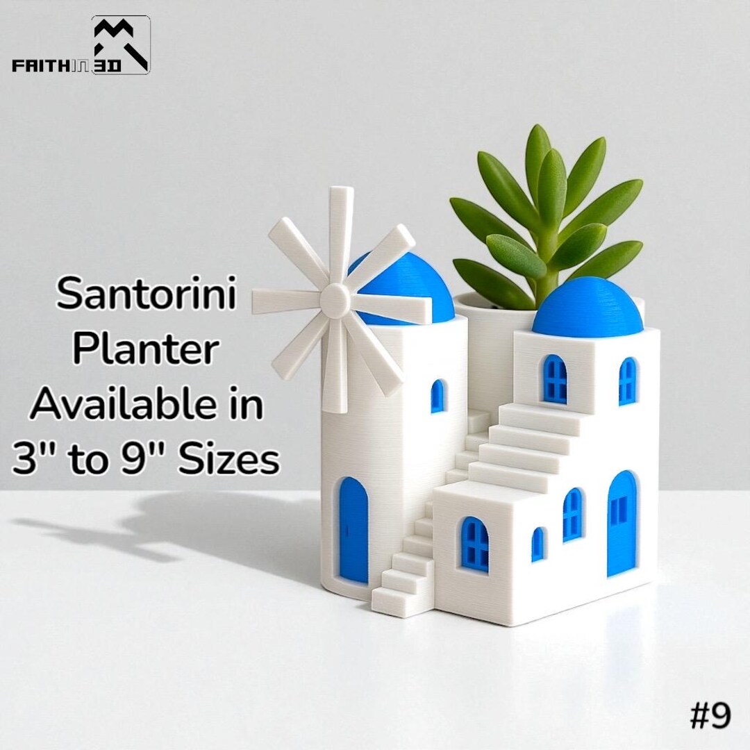 Santorini Windmill Planter • Blue-dome Greek Island Scene • Follower ...