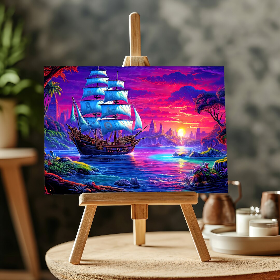 Pirate Ship off the Coast Psychedelic Pirate Ship Print Wall Decor ...