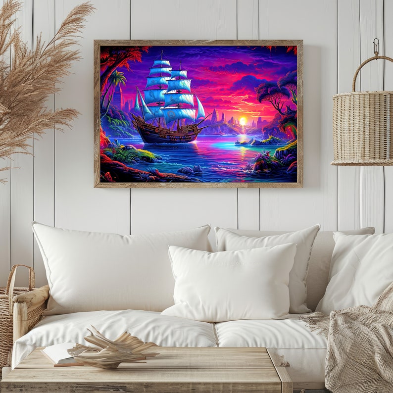 Pirate Ship off the Coast Psychedelic Pirate Ship Print Wall Decor ...