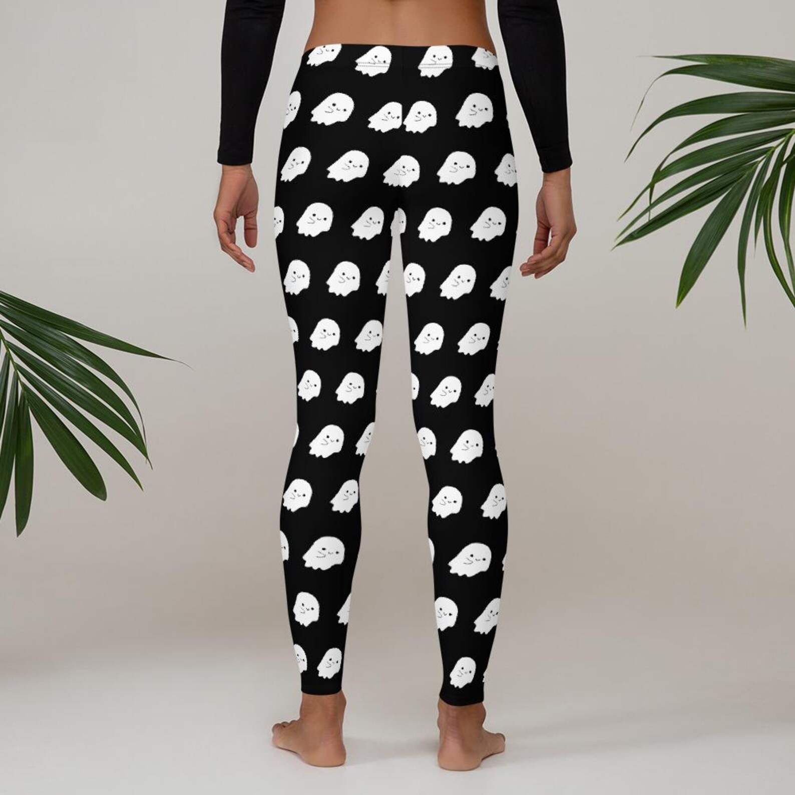 Cute Little White Ghost Women's Halloween Leggings, Halloween, Black ...
