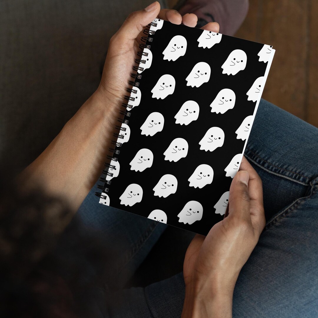 Cute Little White Ghost Print Spiral Notebook, Halloween, Black Color ...
