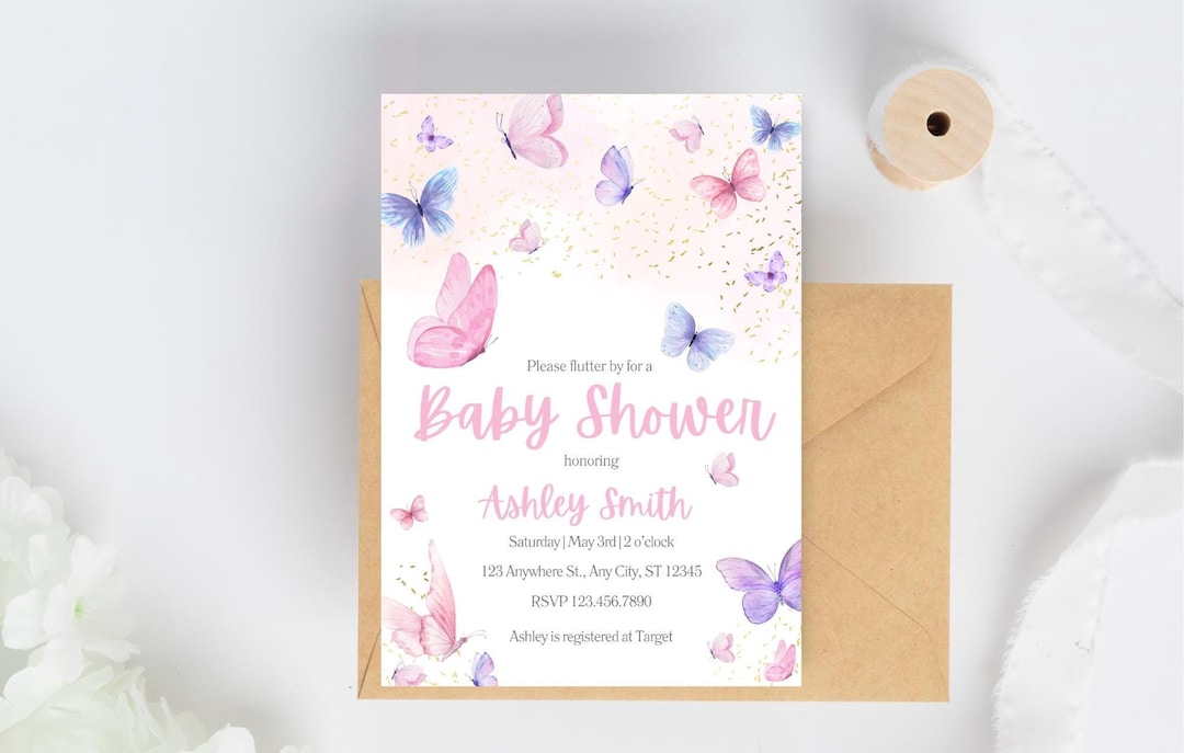 Template Butterfly Baby Shower Invitation Girl CANVA EDITABLE Instant ...