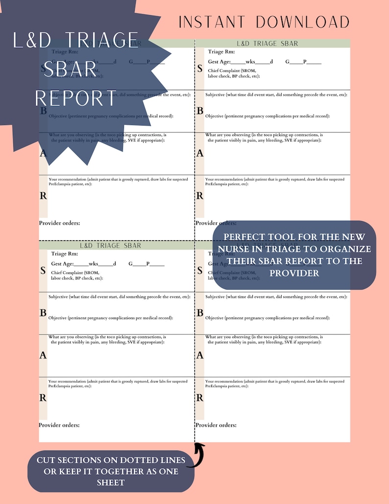 L&D Triage SBAR Report Sheet, SBAR Report to Provider Tool, New Grad ...