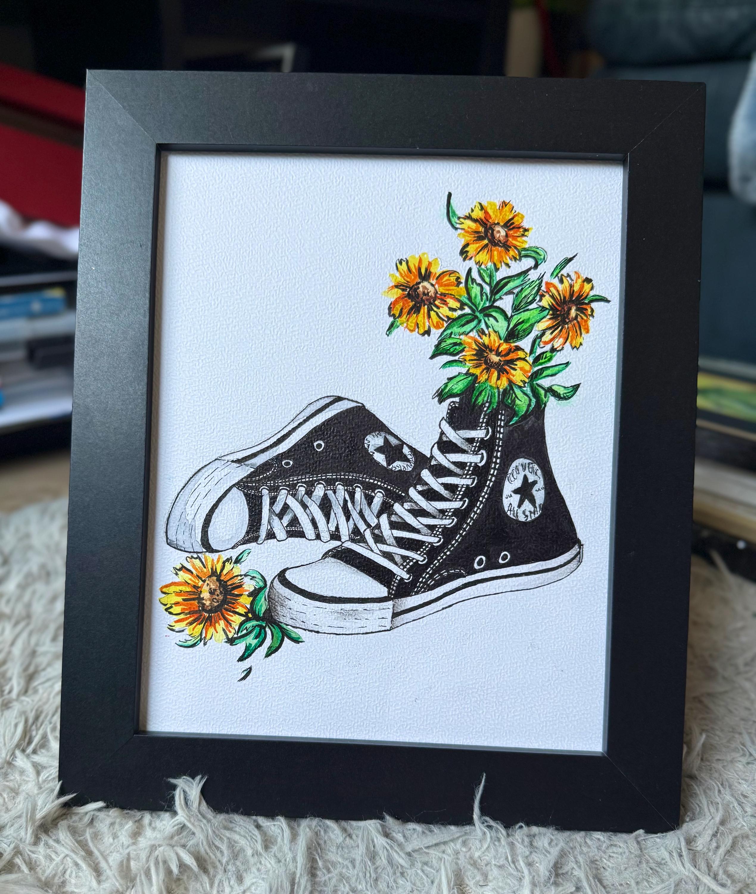 Floral Converse Watercolor Painting: Yellow Flowers Sneaker Art, 8x10 ...