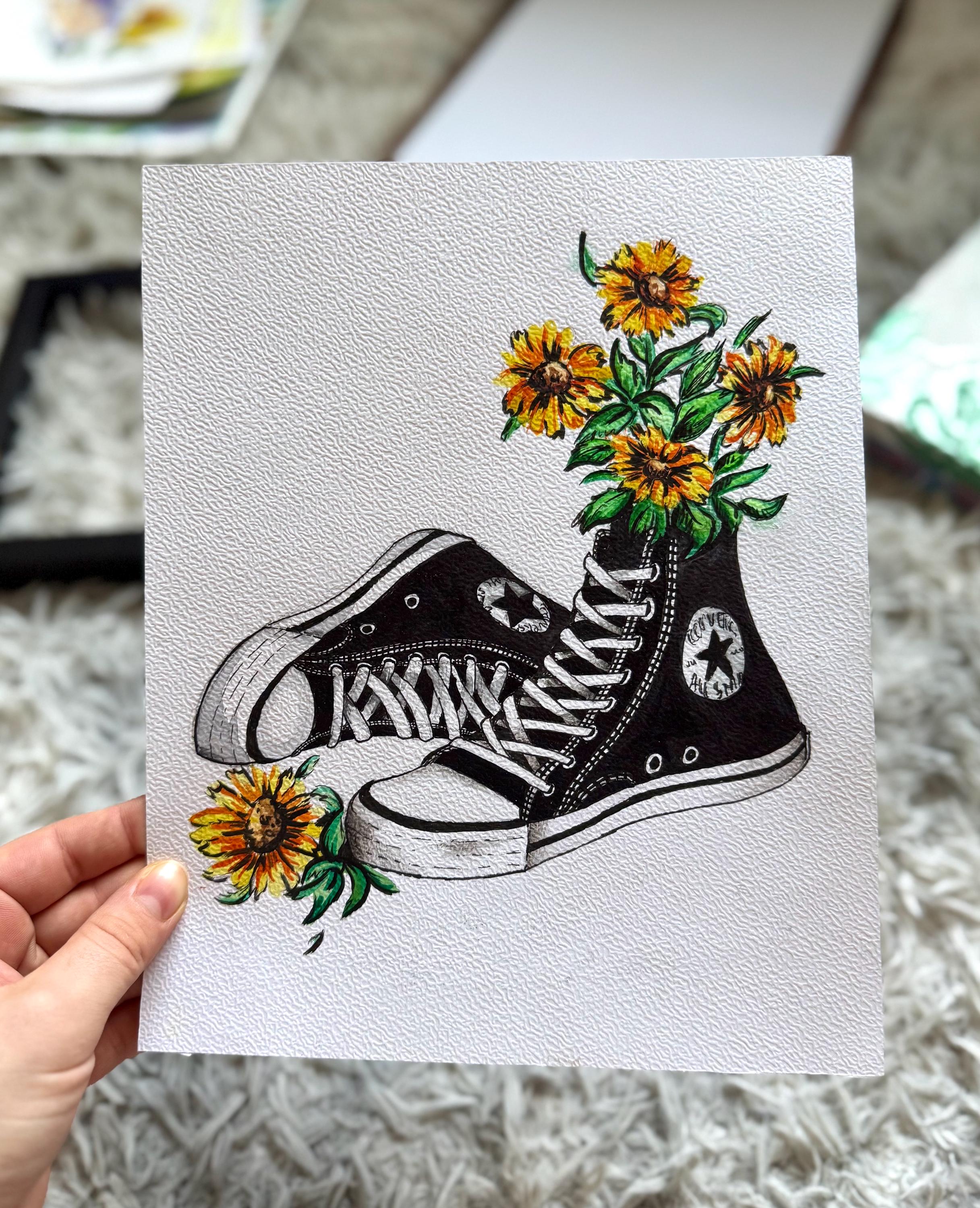 Floral Converse Watercolor Painting: Yellow Flowers Sneaker Art, 8x10 ...