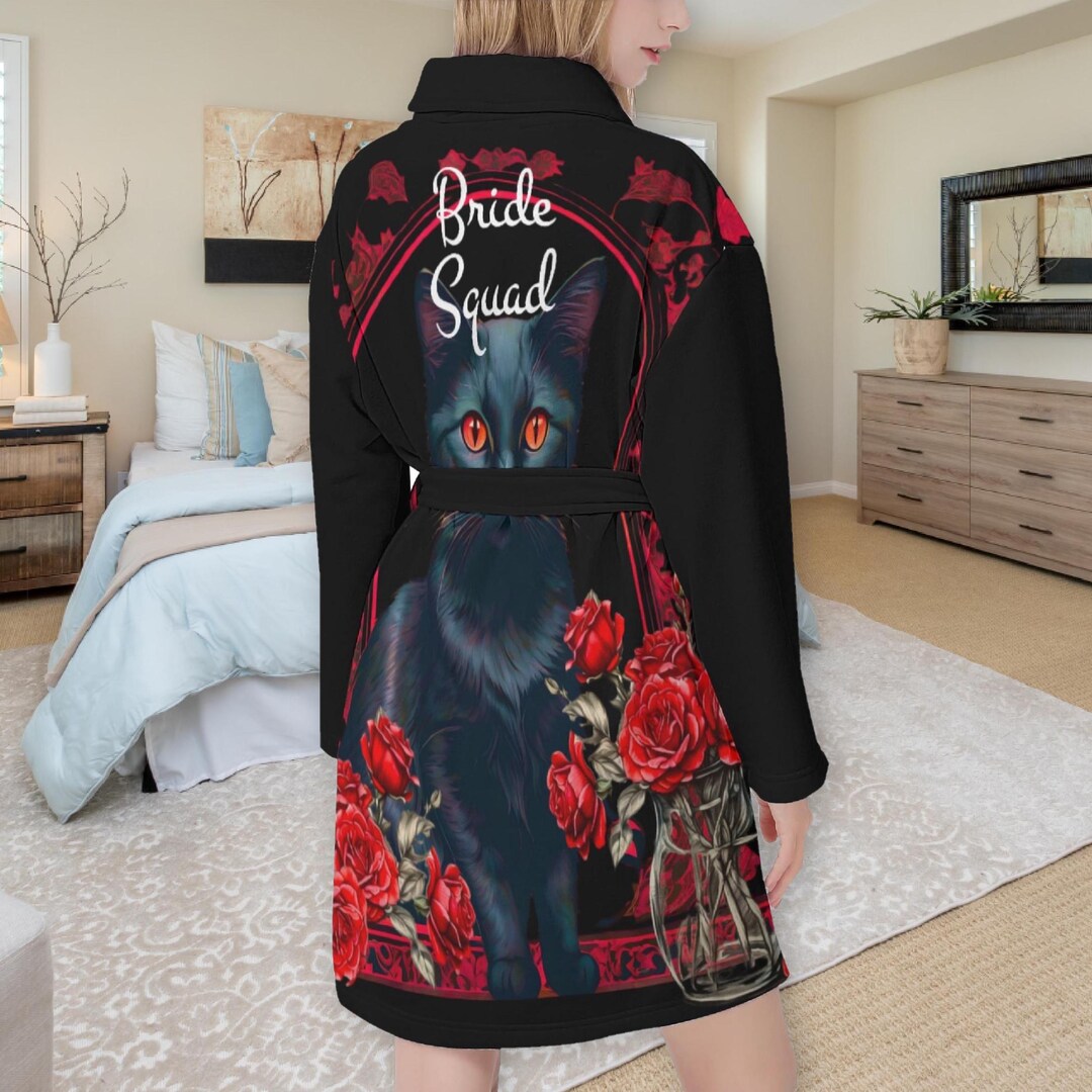 Black Cat Red Roses Women's Short Bathrobe Above Knee Length Nightwear ...