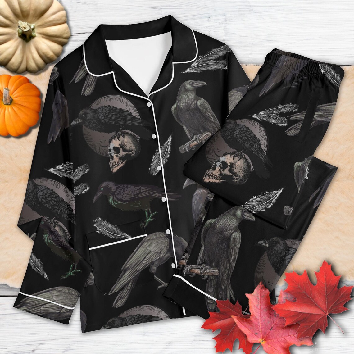 Ghostly Raven Unisex Pajama Sets: Dark Crows Edgy Long Sleeved Pjs ...