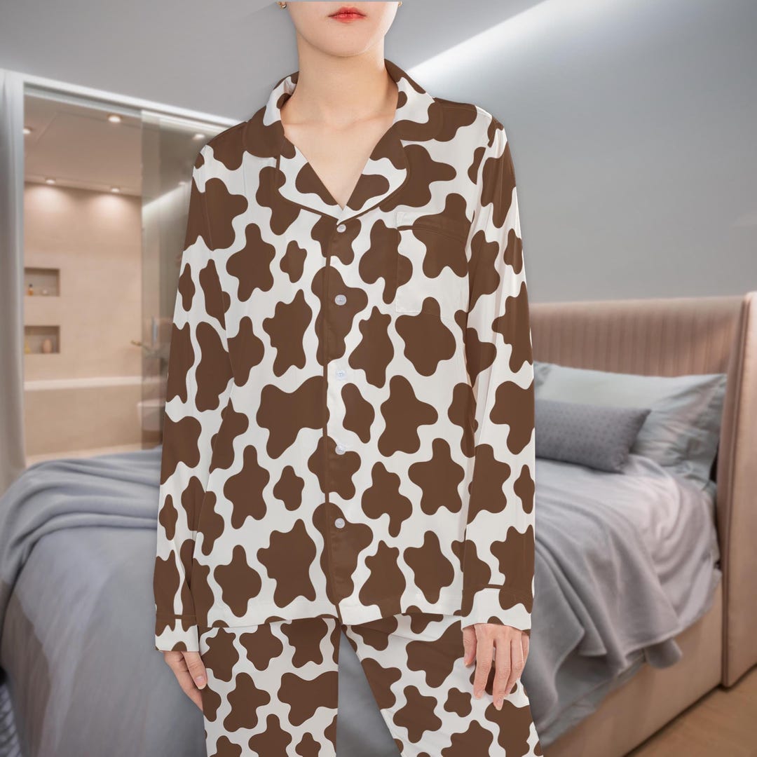 Brown Cow Print Satin Pajama Set: Highland Cow Motif Unisex Sleepwear ...