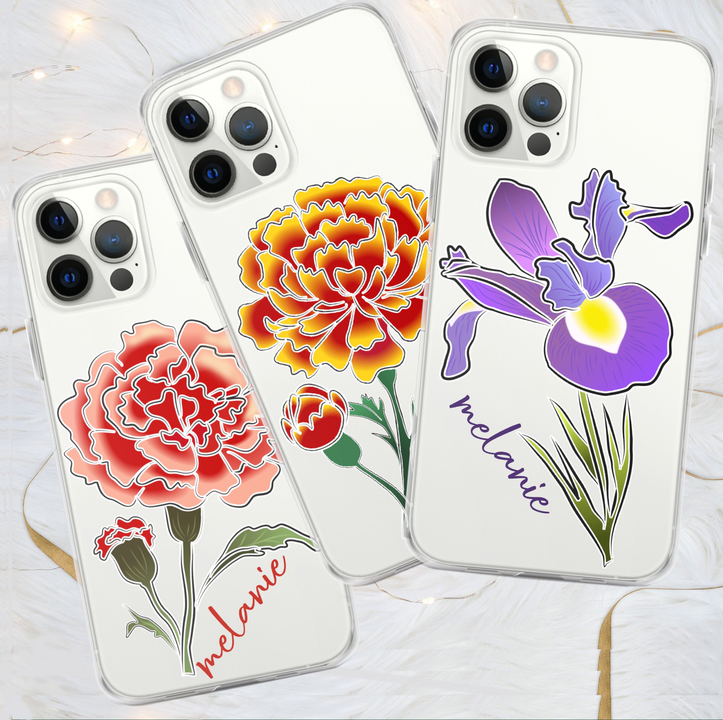 Personalized Birth Flower Clear Phone Case Custom iPhone Back Protector ...