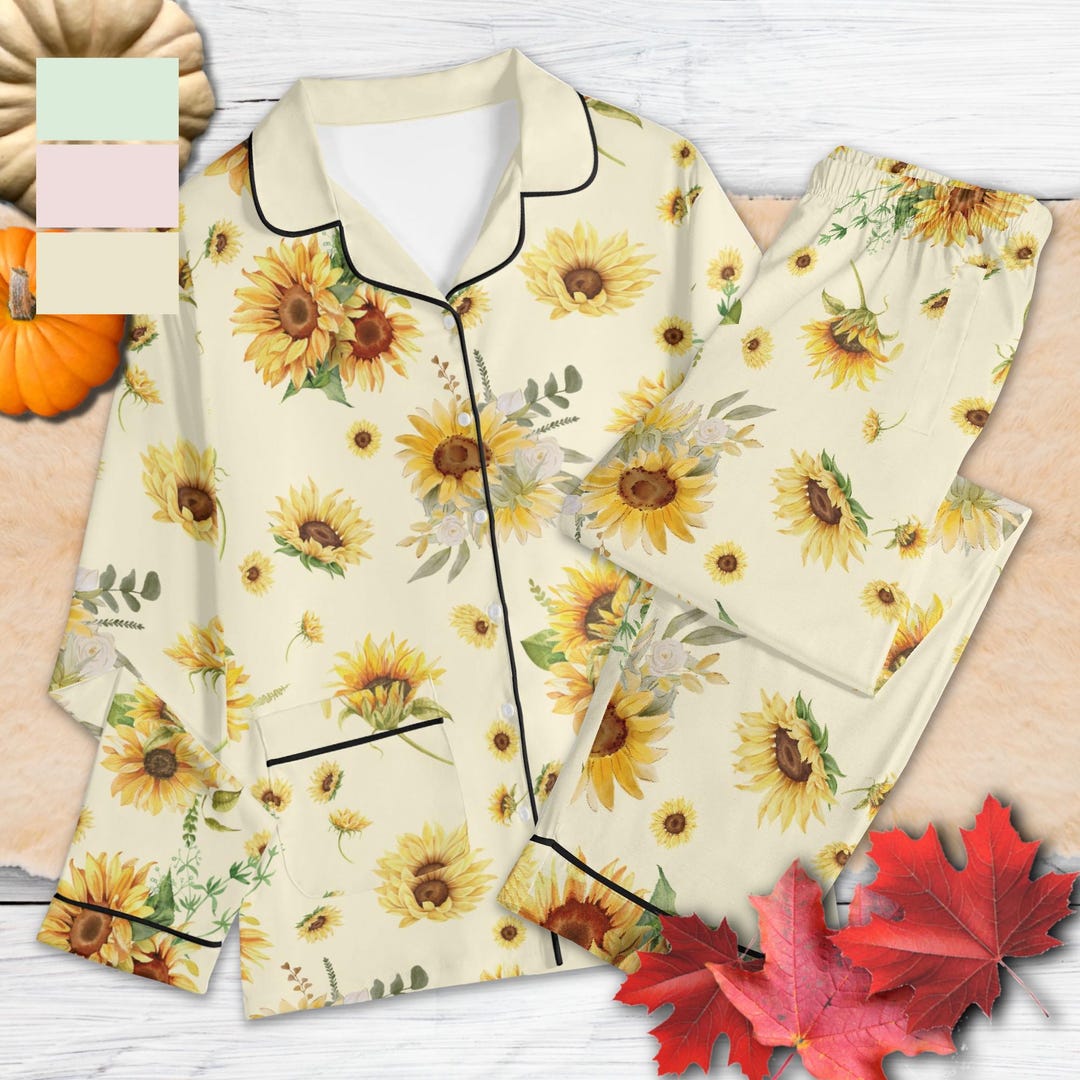 Sunflower Motif Pajama Set | Fall Floral Loungewear, Autumn Cottagecore ...