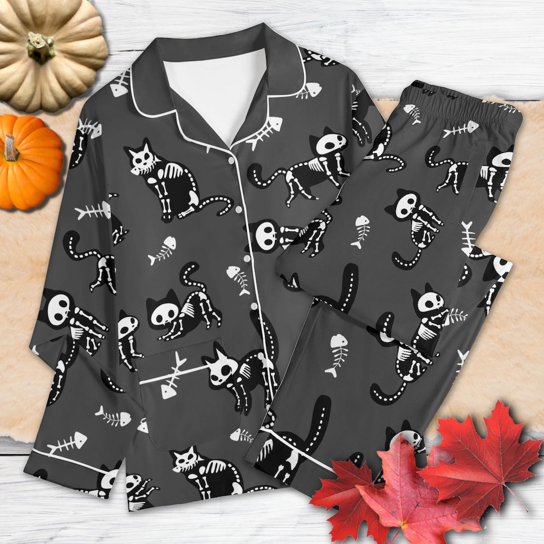 Skeleton Cat Pajama Sets | Gothic Kitten Pyjamas, Spooky Cat Mom Dad ...