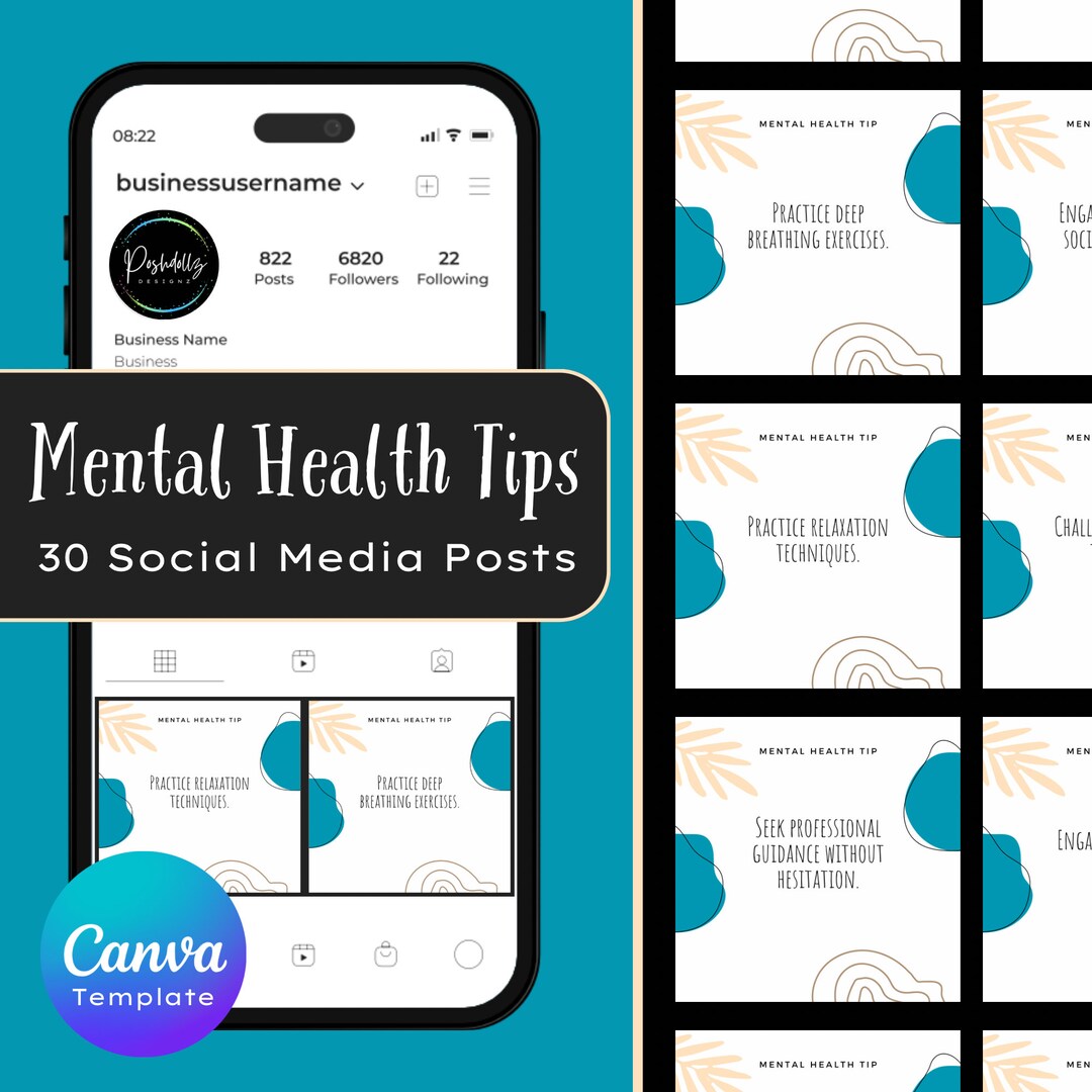 Social Media Posts | Mental Health Tips | 30 Posts | Canva Template ...