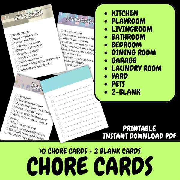 Printable Chore Cards for Kids & Adults | Household Task Organizer ...