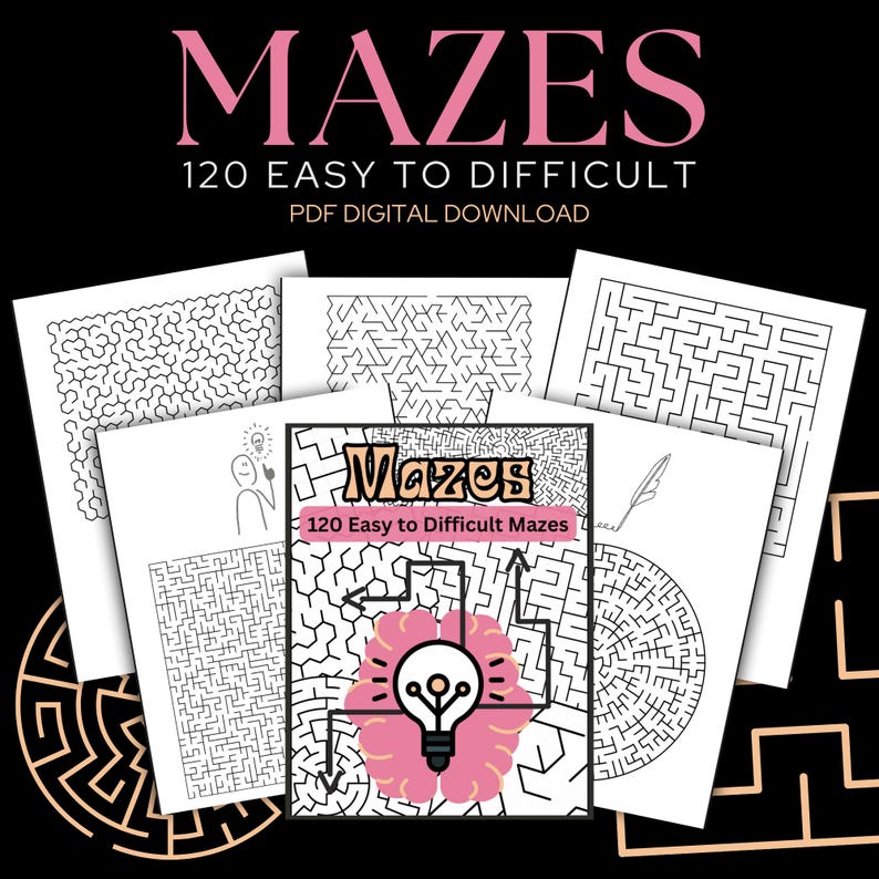 Mazes | 120 Easy & Difficult Printable Mazes | Instant Download | Mind ...