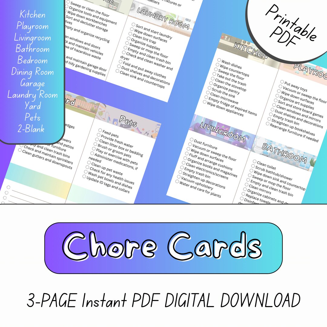 Chore Cards, Printable Household Chore Cards, Kids Chore Chart ...