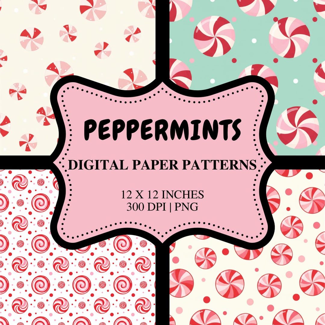 Peppermint Candy Seamless Digital Paper Pattern Designs Set | 4 Festive ...