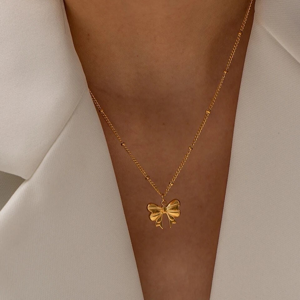 18k Gold-filled Bow Necklace Gold Bow Charm Necklaces for Women ...