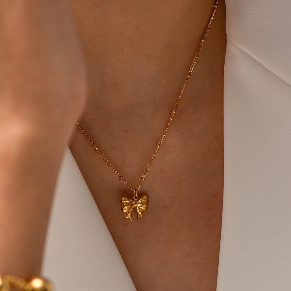 18k Gold-filled Bow Necklace Gold Bow Charm Necklaces for Women ...
