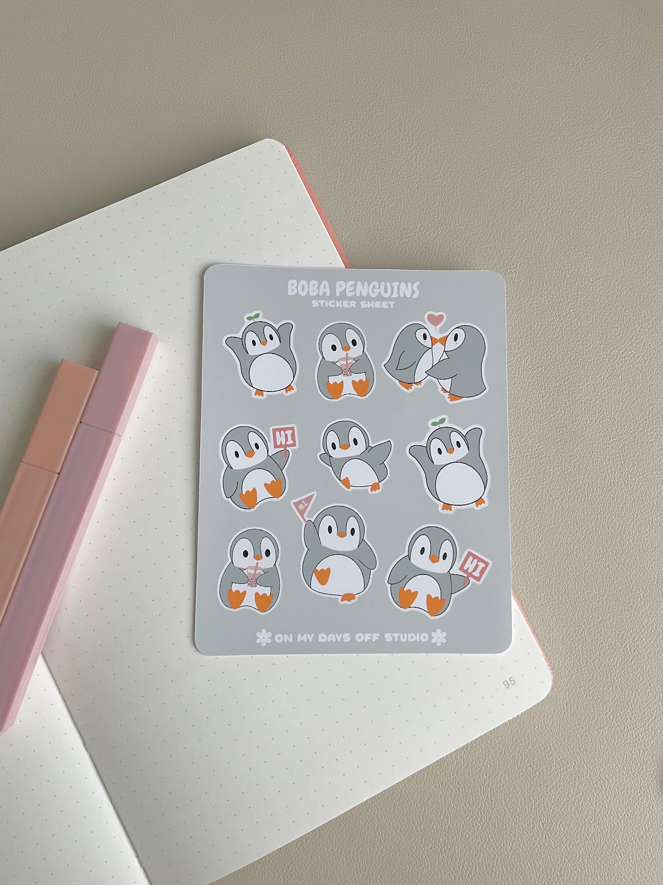 Boba Penguin Sticker Sheet Cute Penguin Sticker Sheet Kawaii Stationery ...