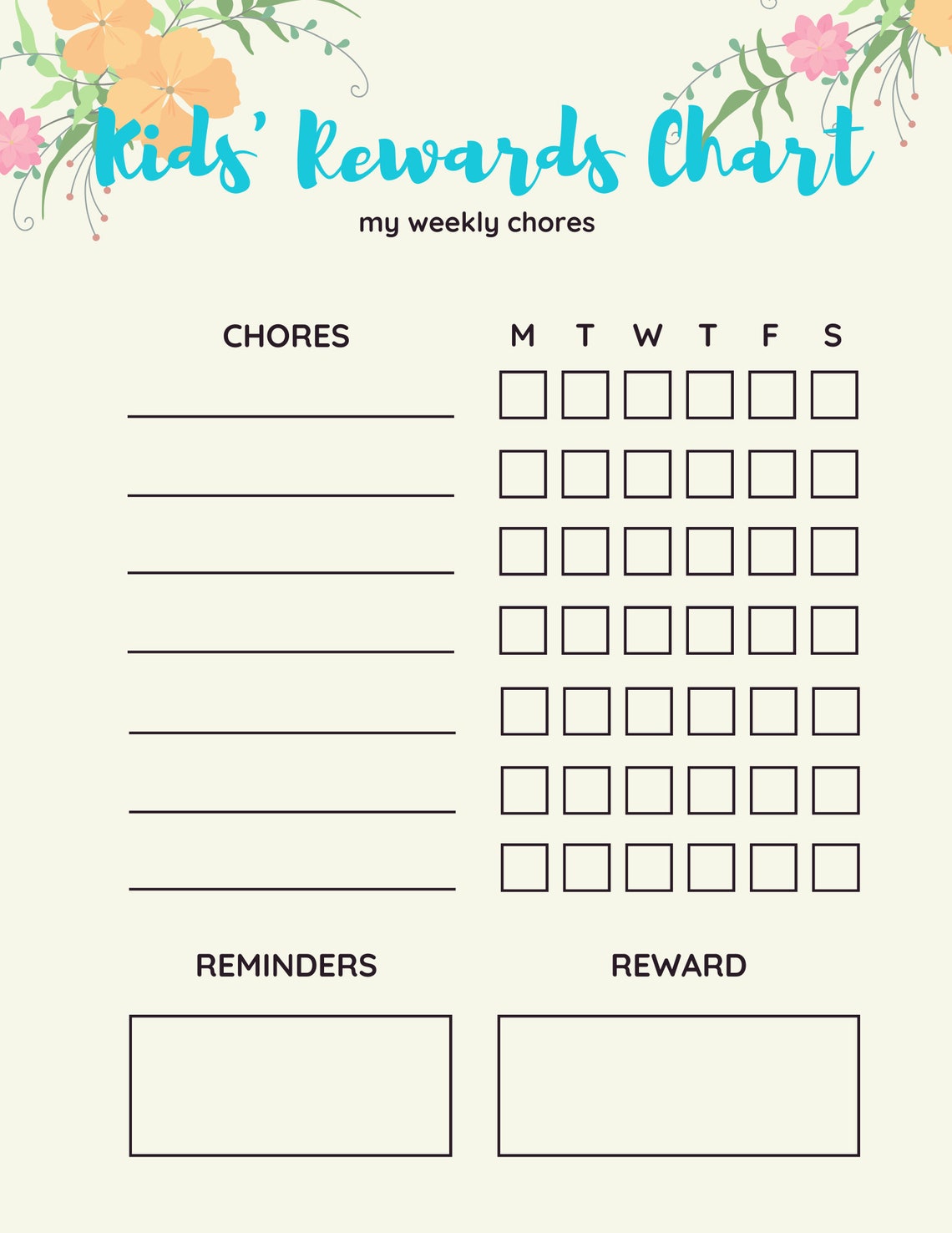 Printable Kids Reward Chart Printable Kids Responsibility Chart Kids ...