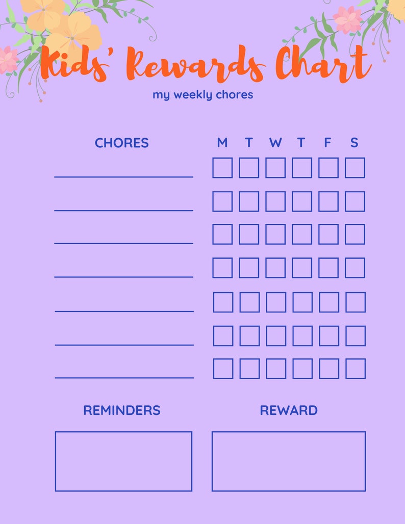 Printable Kids Reward Chart Printable Kids Responsibility Chart Kids ...