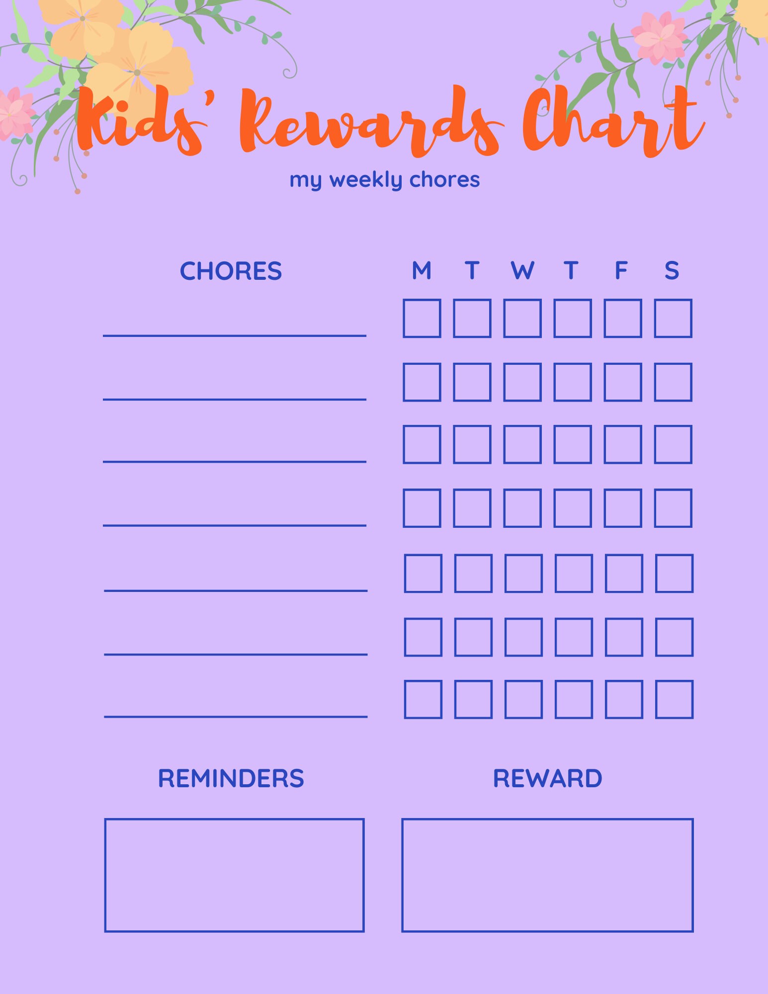 Printable Kids Reward Chart Printable Kids Responsibility Chart Kids ...