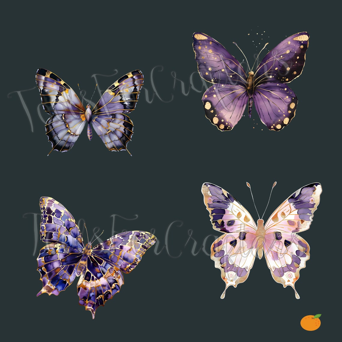 Purple Gold Butterfly Clipart, Printable Watercolor, PNG, Digital ...