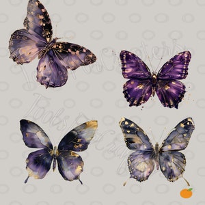 Purple Gold Butterfly Clipart, Printable Watercolor, PNG, Digital ...