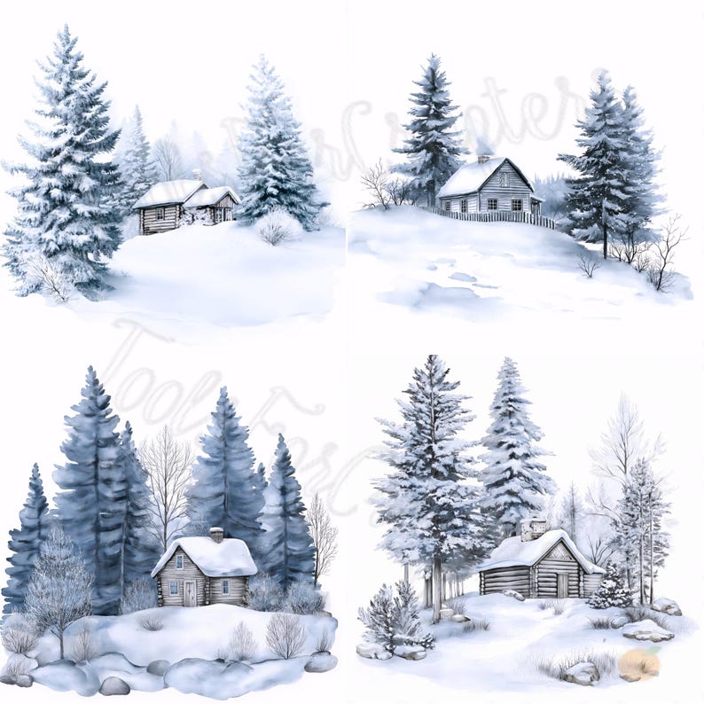 Cozy Winter Cabin, Cottage JPG, Snowy Landscape, Watercolor House ...