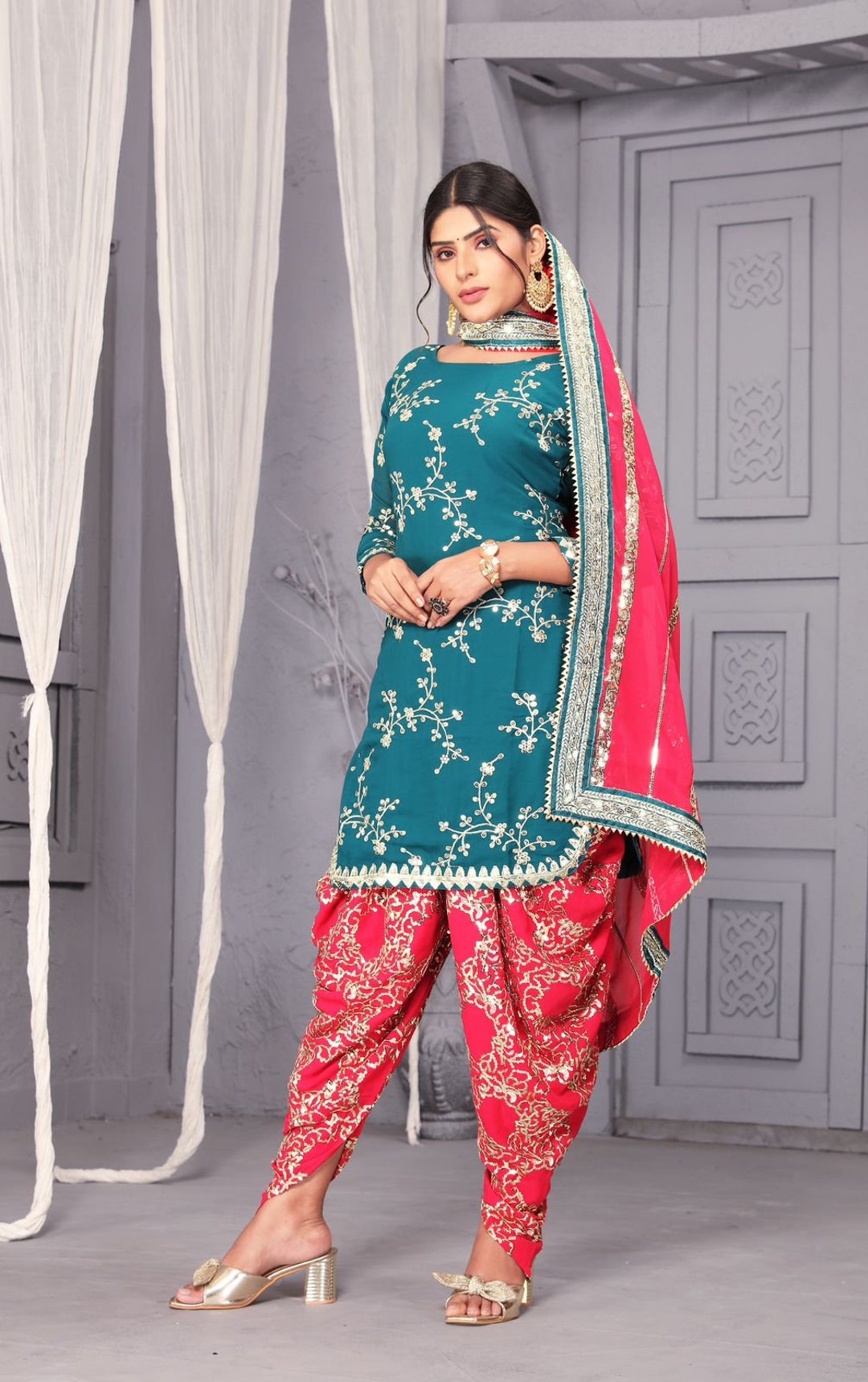 Firozi Color Punjabi Dhoti Salwar Kameez With Heavy Embroidery Work for ...