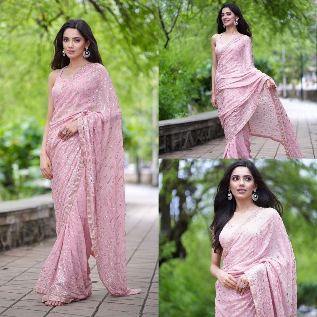 Pink Heavy Georgette Sequence Work Saree, Saree for USA Women, Party ...