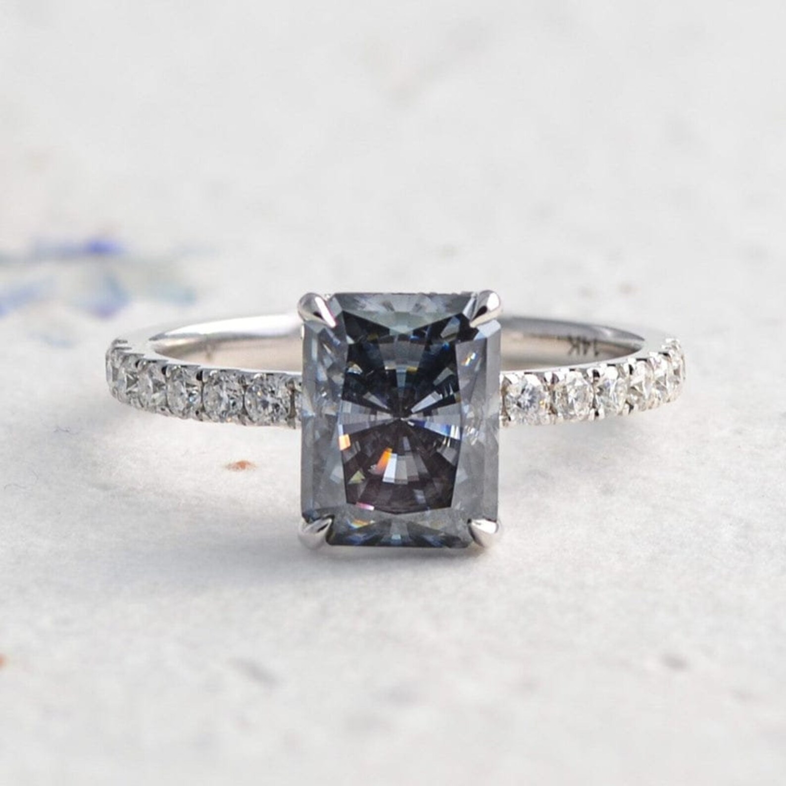 3 CT Grey Radiant Cut Moissanite Ring: 14K White Gold Halo Bridal Set ...